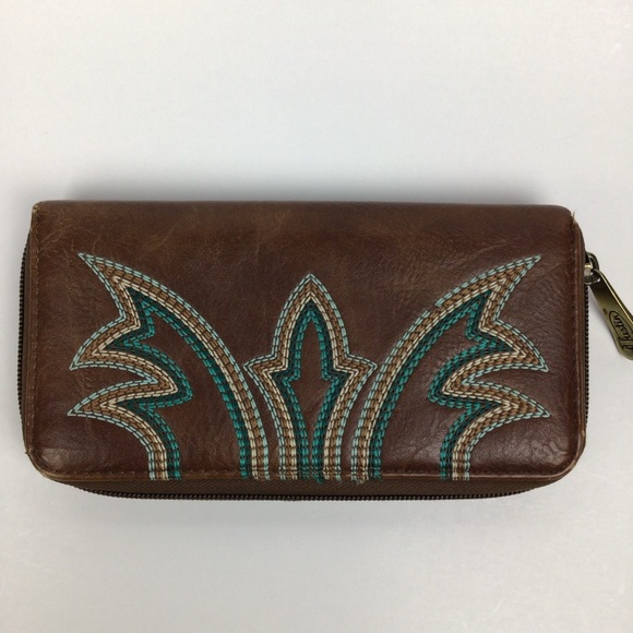 Justin Boots | Bags | Justin Brown Leather Wallet Embroidered Zip ...